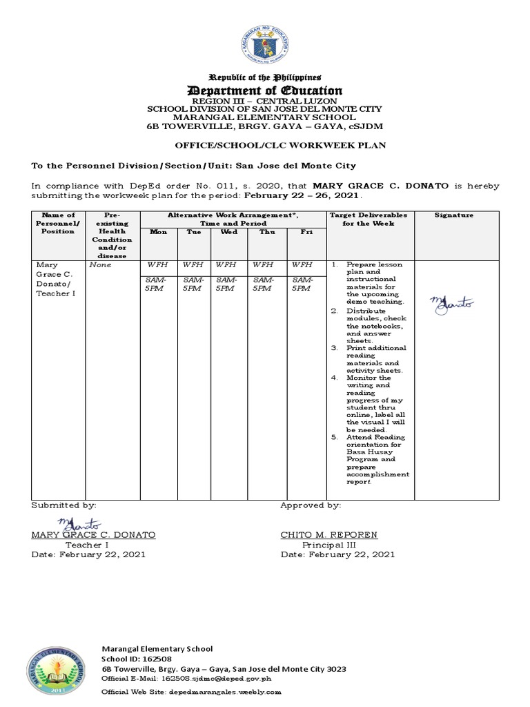 Department of Education: Office/School/Clc Workweek Plan | PDF | Teaching | Schools