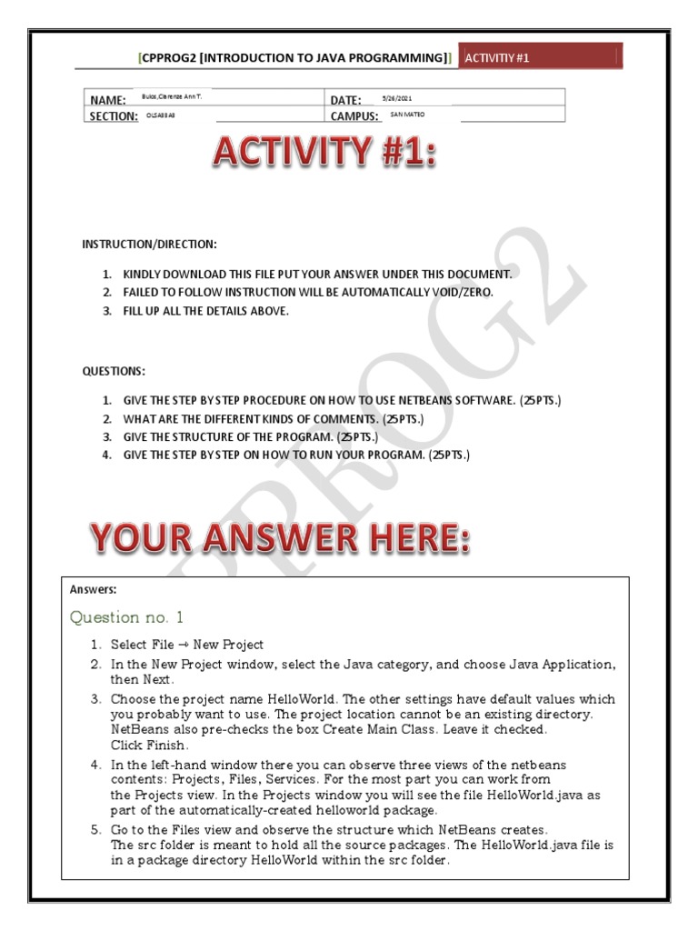 Cpprog02 - Activity 1 (Bulos, Clarenze Ann T.) | PDF | Java ...