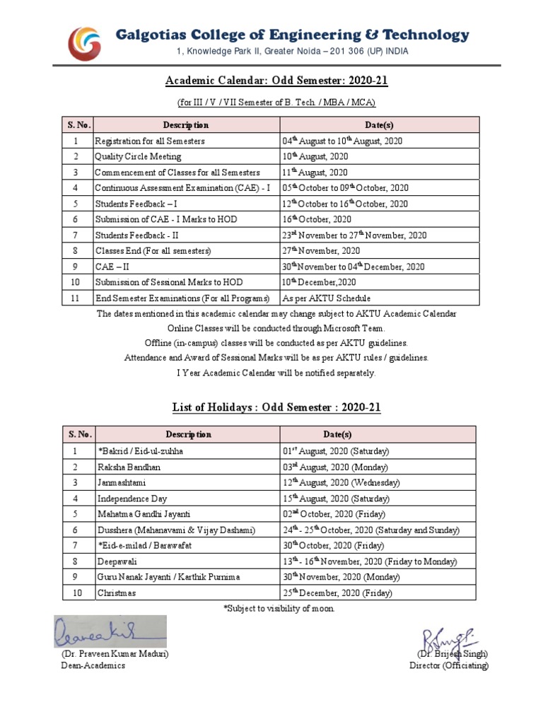 Galgotias College of Engineering & Technology: Academic Calendar: Odd ...