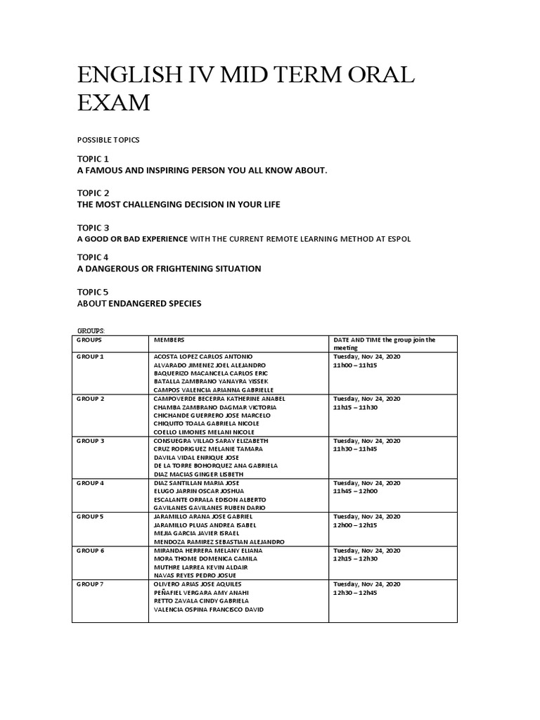 Mid Term Oral Exam Pao Topics and Instructions - Students Par17-1 | PDF