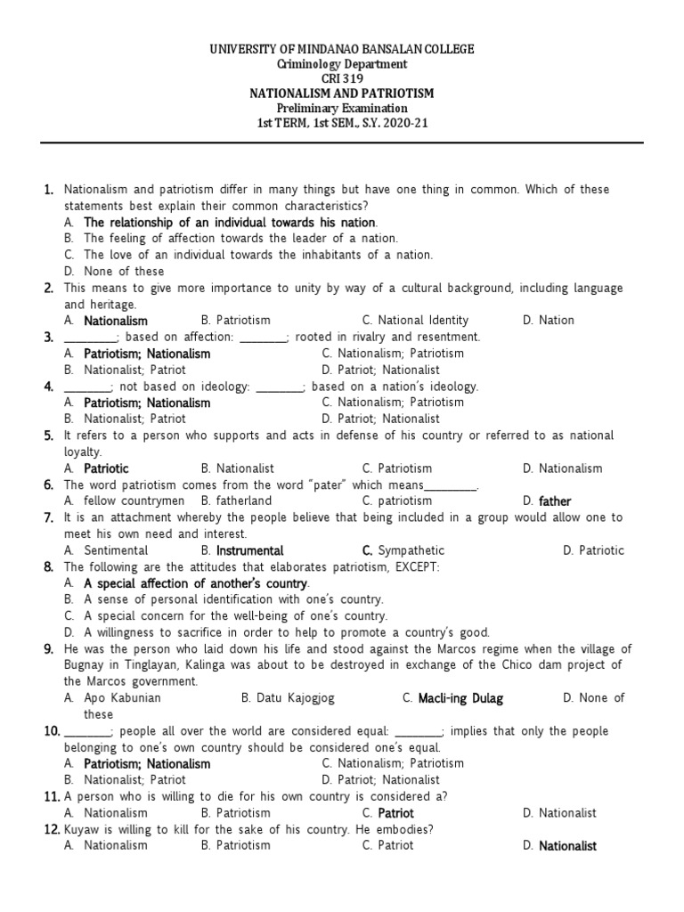 Nationalism and Patriotism Exam Guide | PDF | Nationalism | Self
