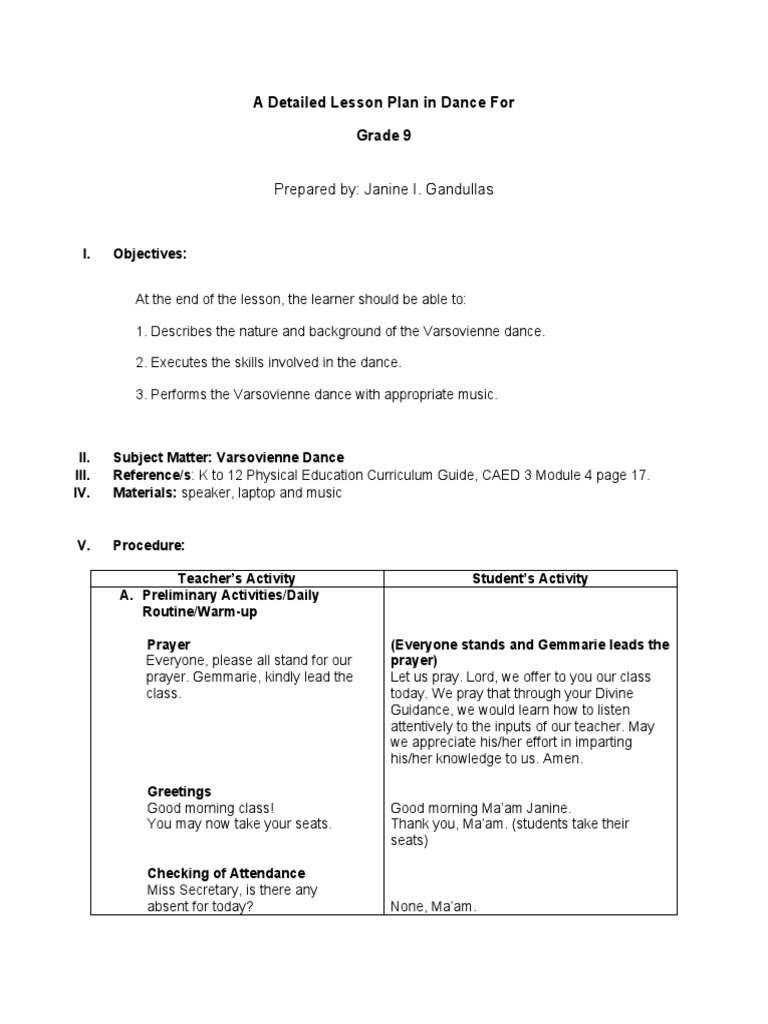 Grade 9 Varsovienne Dance Lesson Plan | PDF | Dances | Prayer