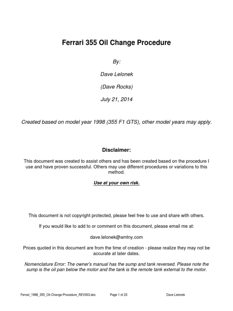 Ferrari 1998 355 Oil-Change-Procedure REV003 | PDF | Motor Oil ...