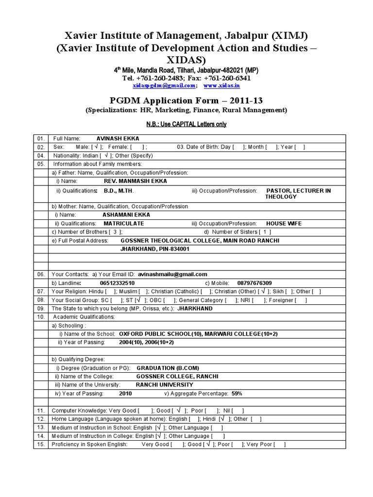 XIMJ, PGDM Application Form | PDF