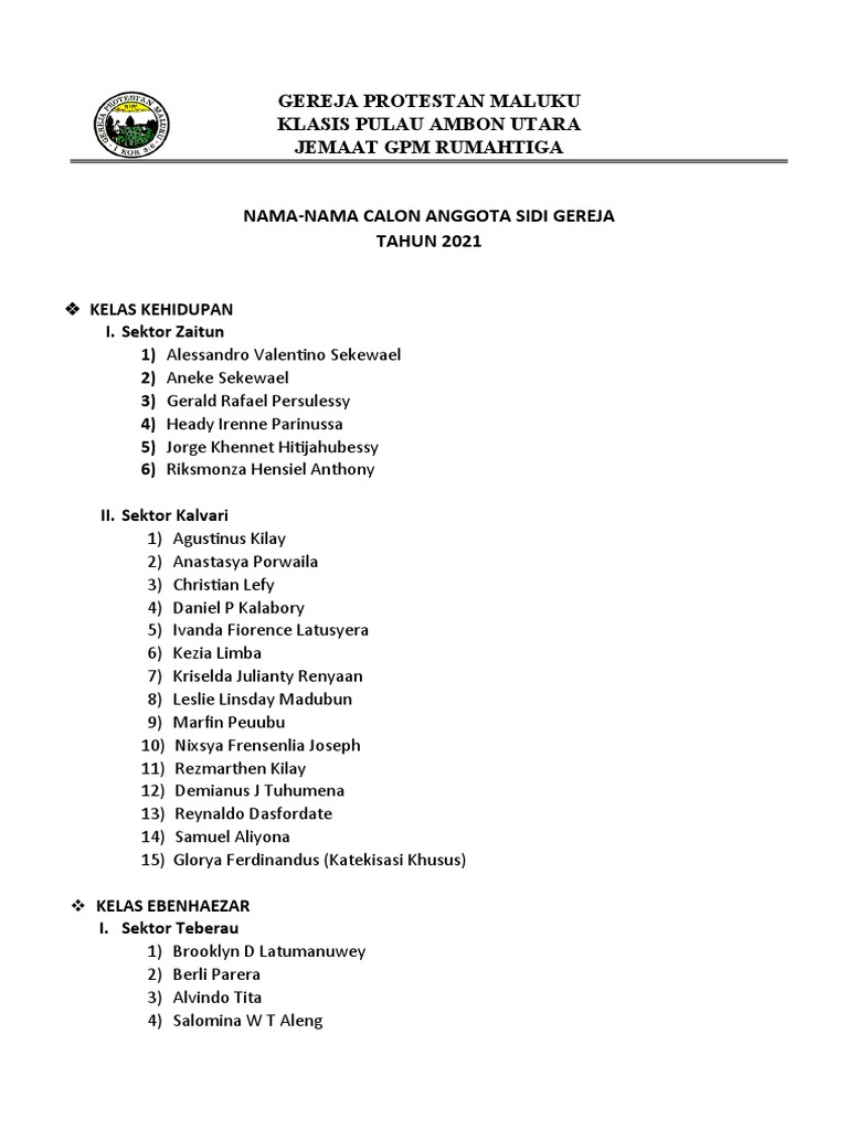 Daftar Calon Anggota SIDI Gereja GPM Rumatiga Tahun 2021 | PDF
