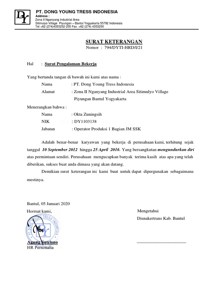 Surat Keterangan: Pt. Dong Young Tress Indonesia | PDF