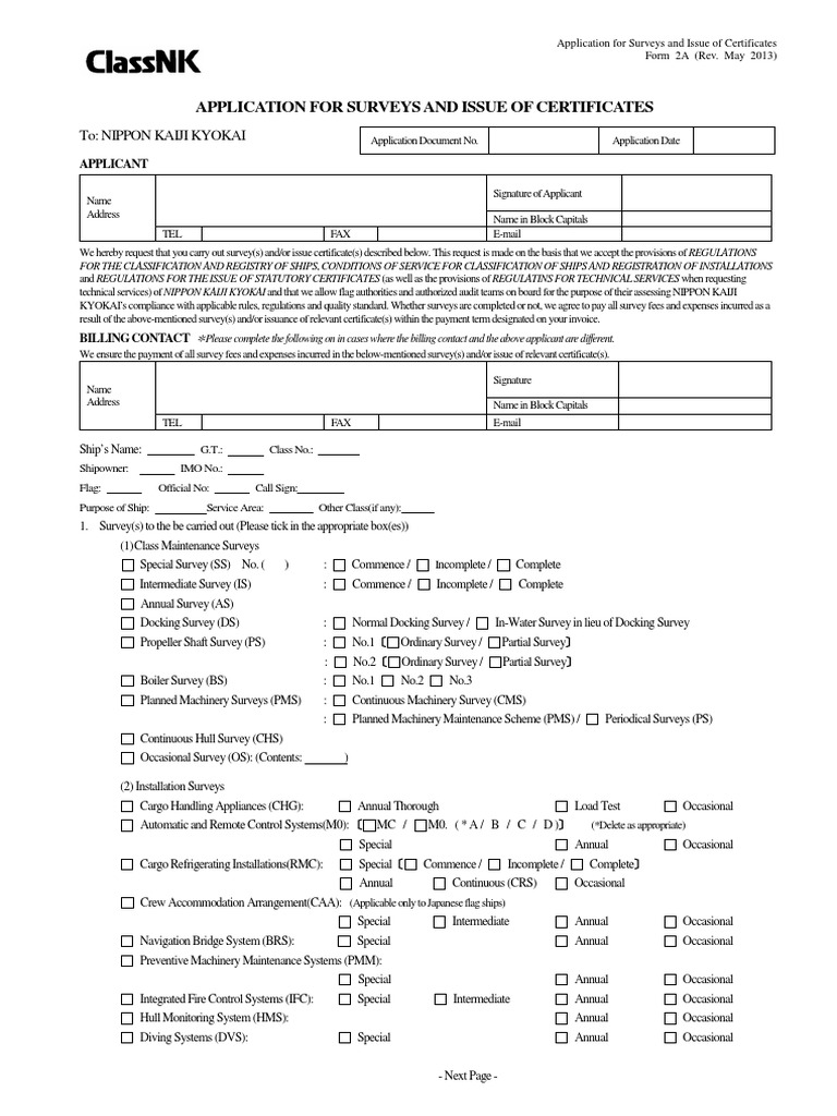 Application For Surveys and Issue of Certificates: To: Nippon Kaiji ...