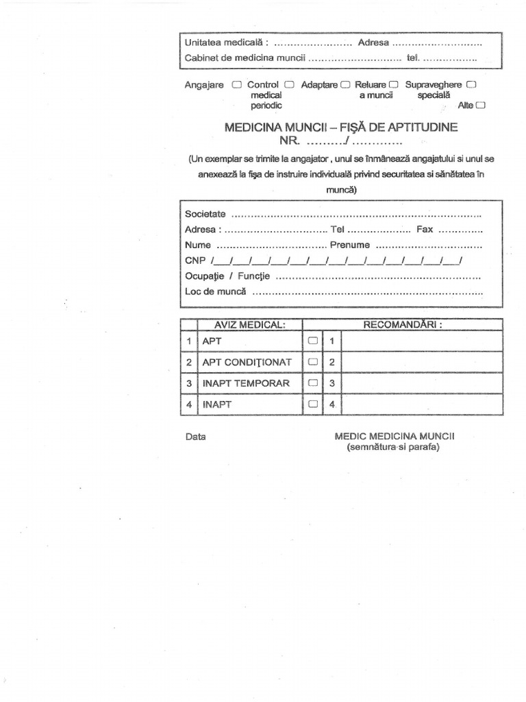 Medicina Muncii Fisa Aptitudine Model | PDF