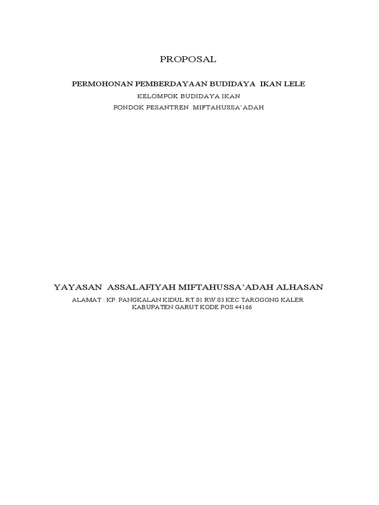 Proposal Budidaya Lele Ponpes Miftahussa'adah Tarogong Kaler | PDF