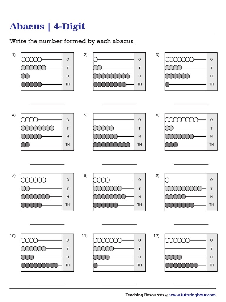Abacus - 4-Digit: Write The Number Formed by Each Abacus | PDF ...