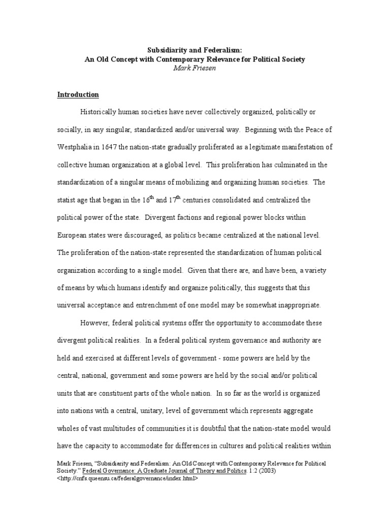 Subsidiarity and Federalism: An Old Concept With Contemporary Relevance ...