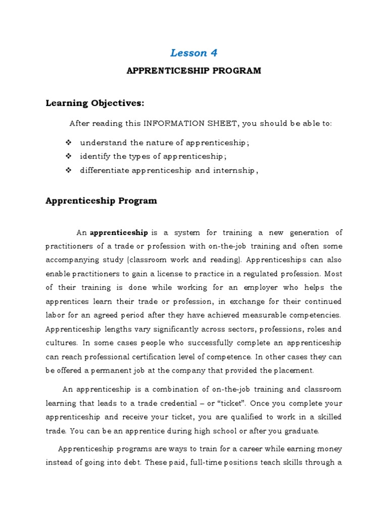 Lesson 4: Apprenticeship Program Learning Objectives | PDF ...
