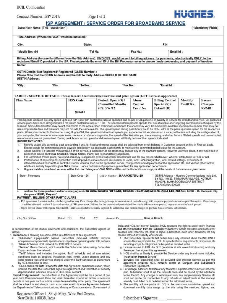 Isp Agreement / Service Order For Broadband Service: Bank & Branch ...