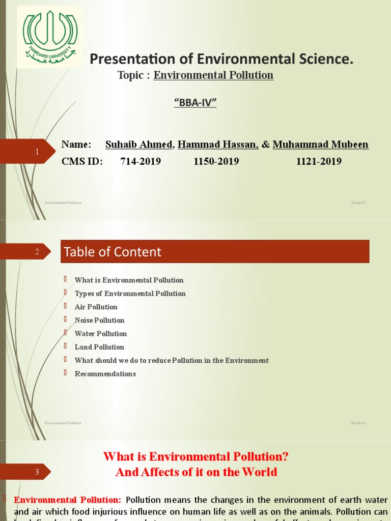 Presentation of Environmental Science.: Topic: Environmental Pollution ...