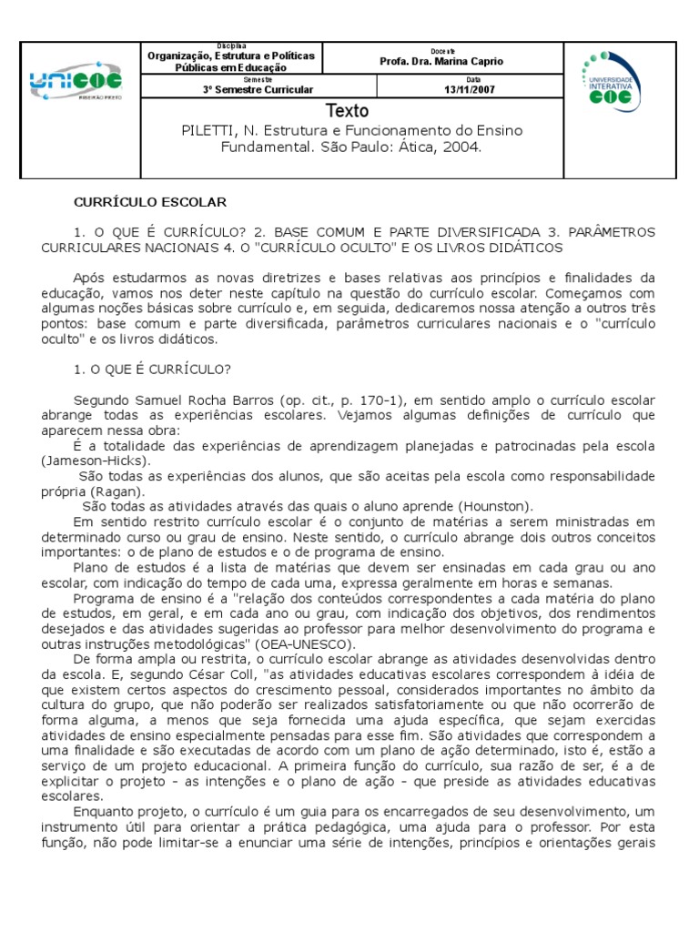 O Curriculo Escolar | PDF