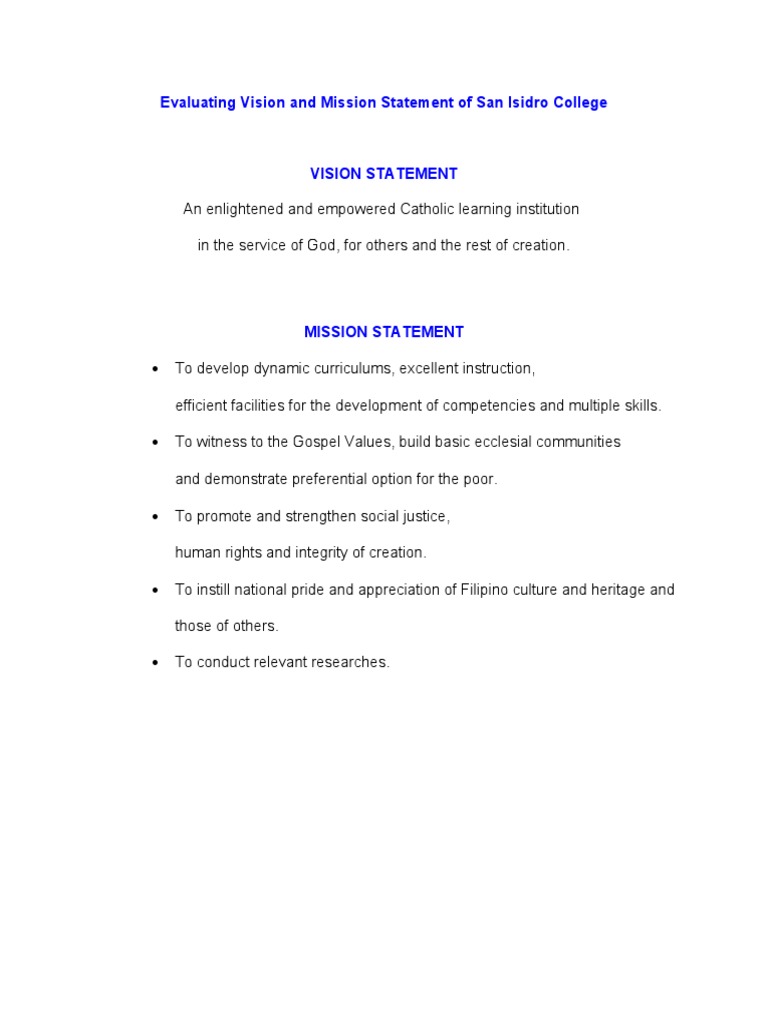 Evaluating Vision and Mission Statement of San Isidro College | PDF ...