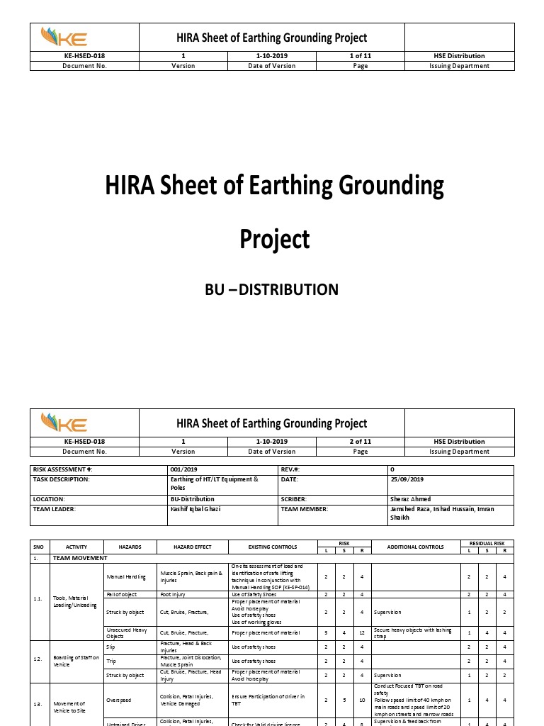 HIRA Sheet of Earthing Grounding Project | PDF | Personal Protective ...