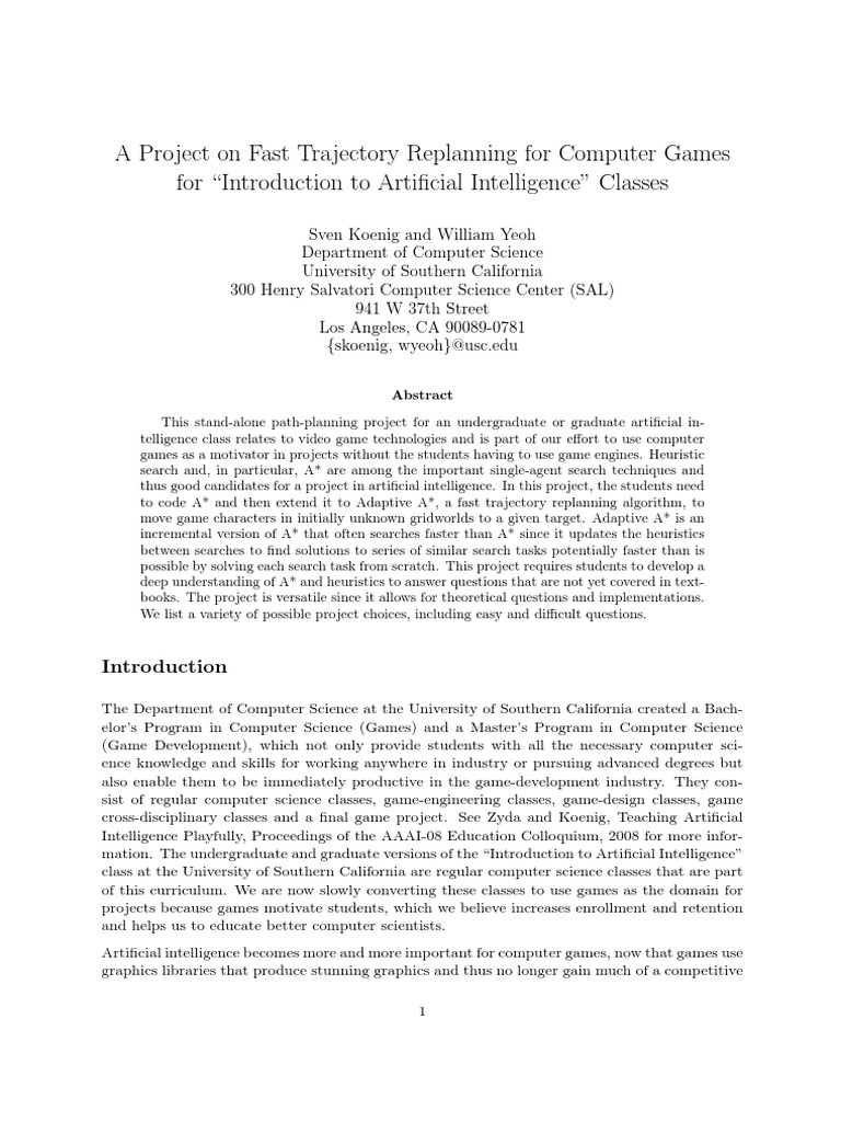 A Project On Fast Trajectory Replanning For Computer Games For ...