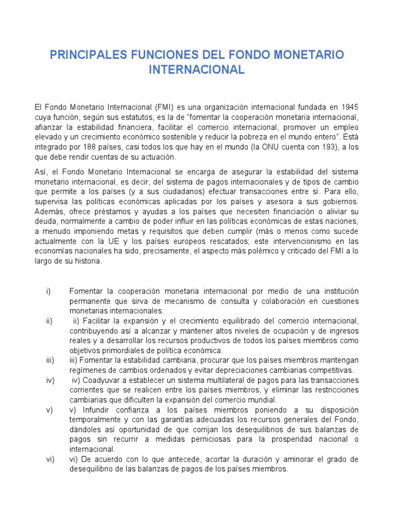 Principales Funciones Fmi | PDF | Fondo Monetario Internacional | Economias