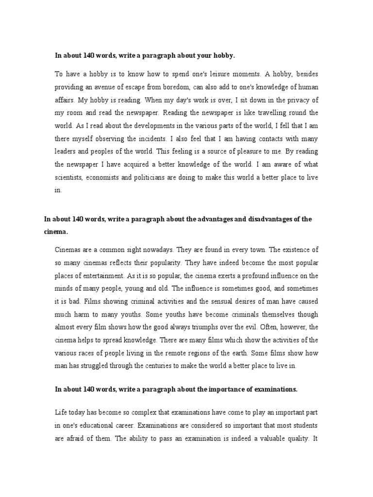In About 140 Words, Write A Paragraph About Your Hobby | PDF | Idea ...