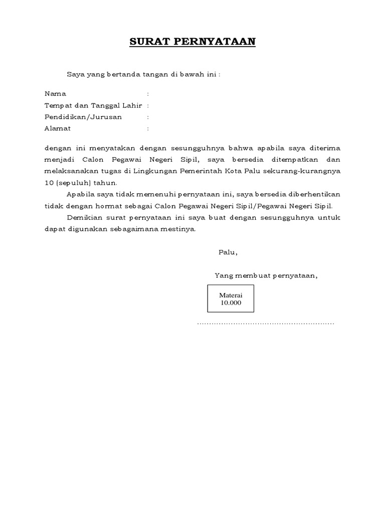 Surat Pernyataan Bersedia Mengabdi 10 Tahun | PDF