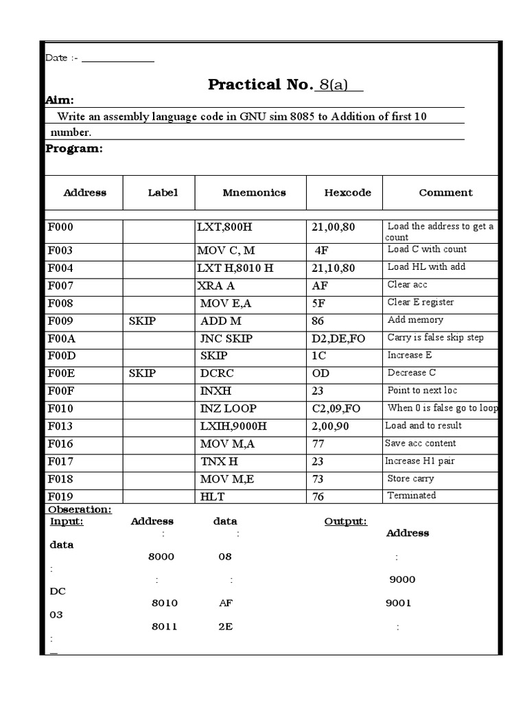 Practical No. 8 (A) : Address Label Mnemonics Hexcode Comment | PDF ...