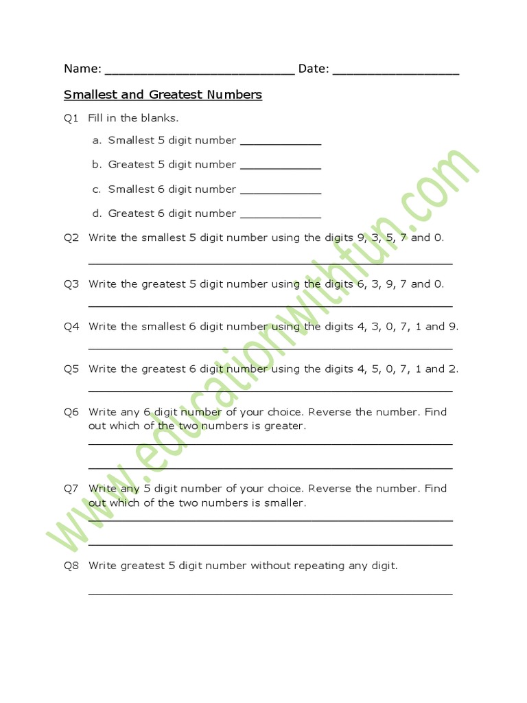 Smallest and Greatest Numbers Worksheet | PDF