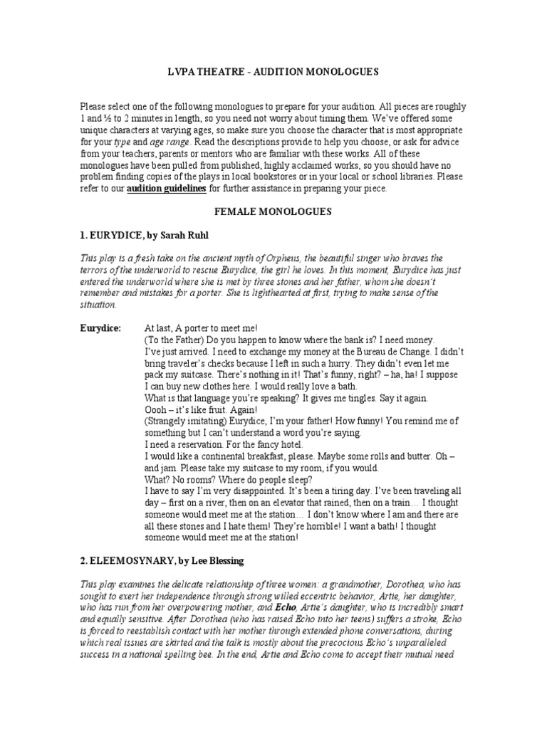 Lvpa Theatre - Audition Monologues | PDF