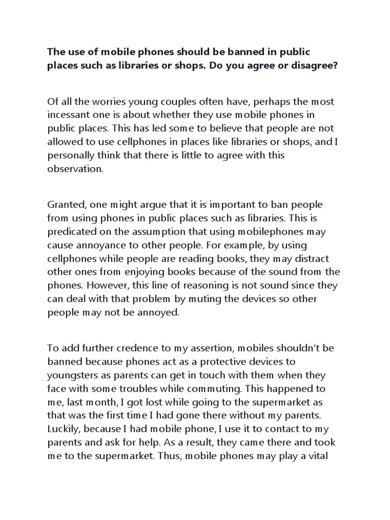 The Use of Mobile Phones Should Be Banned in Public Places Such As ...