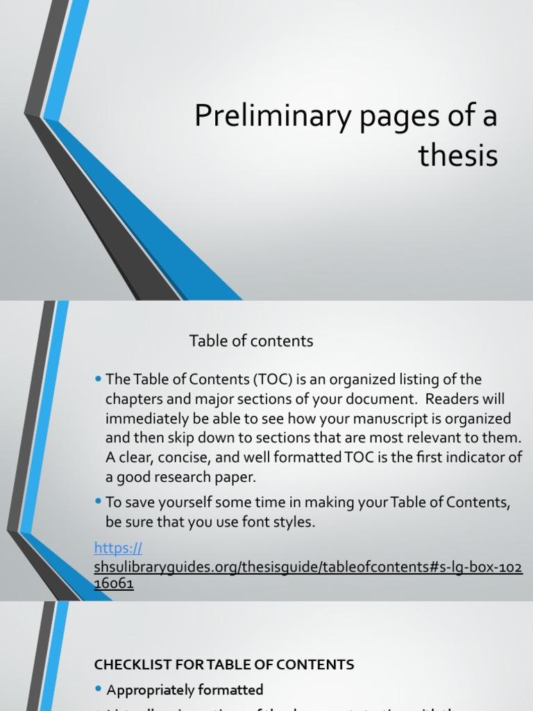 Preliminary Pages of A Thesis | PDF | Table Of Contents | Noun