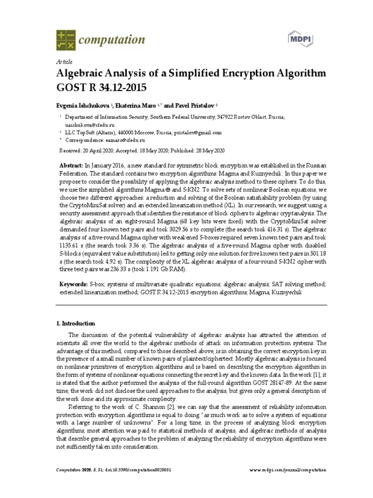 Algebraic Analysis of A Simplified Encryption Algo | PDF | Cryptography | Cryptanalysis