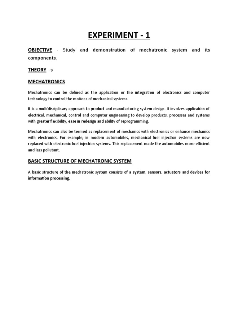 Experiment - 1: OBJECTIVE - Study and Demonstration of Mechatronic ...