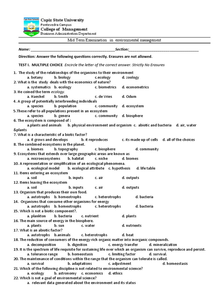 Environmental Science Mid-Term Exams | PDF | Ecology | Natural Environment