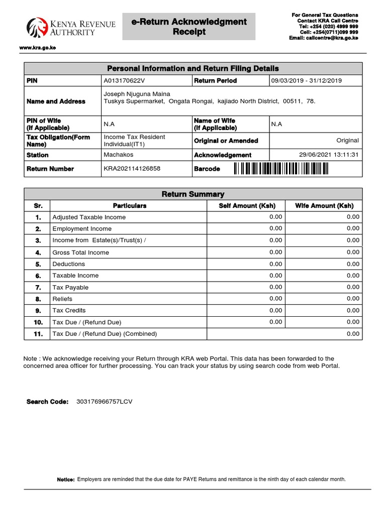 E-Return Acknowledgment Receipt: Personal Information and Return Filing ...