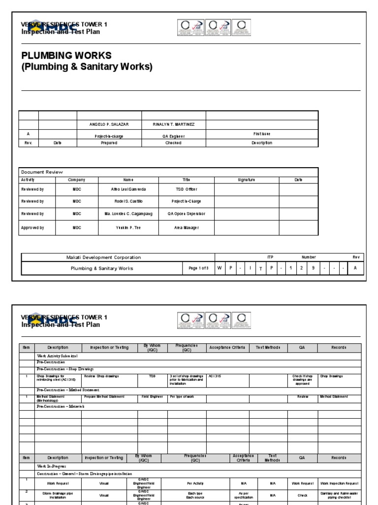 Inspection and Test Plan 2 | PDF | Pipe (Fluid Conveyance) | Building ...