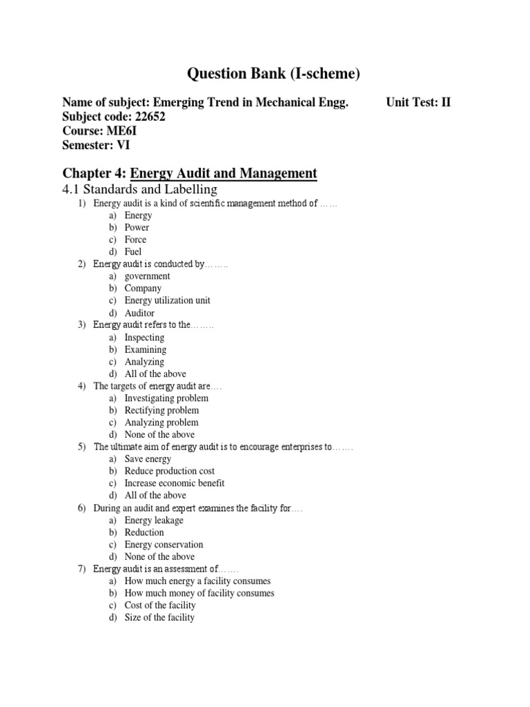 An Extensive Question Bank on Energy Audit and Management Standards ...
