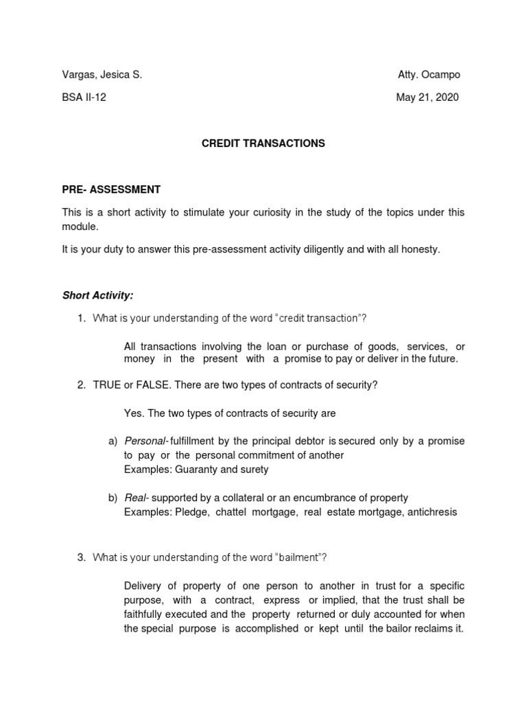 Credit Transactions: Short Activity | PDF | Loans | Credit