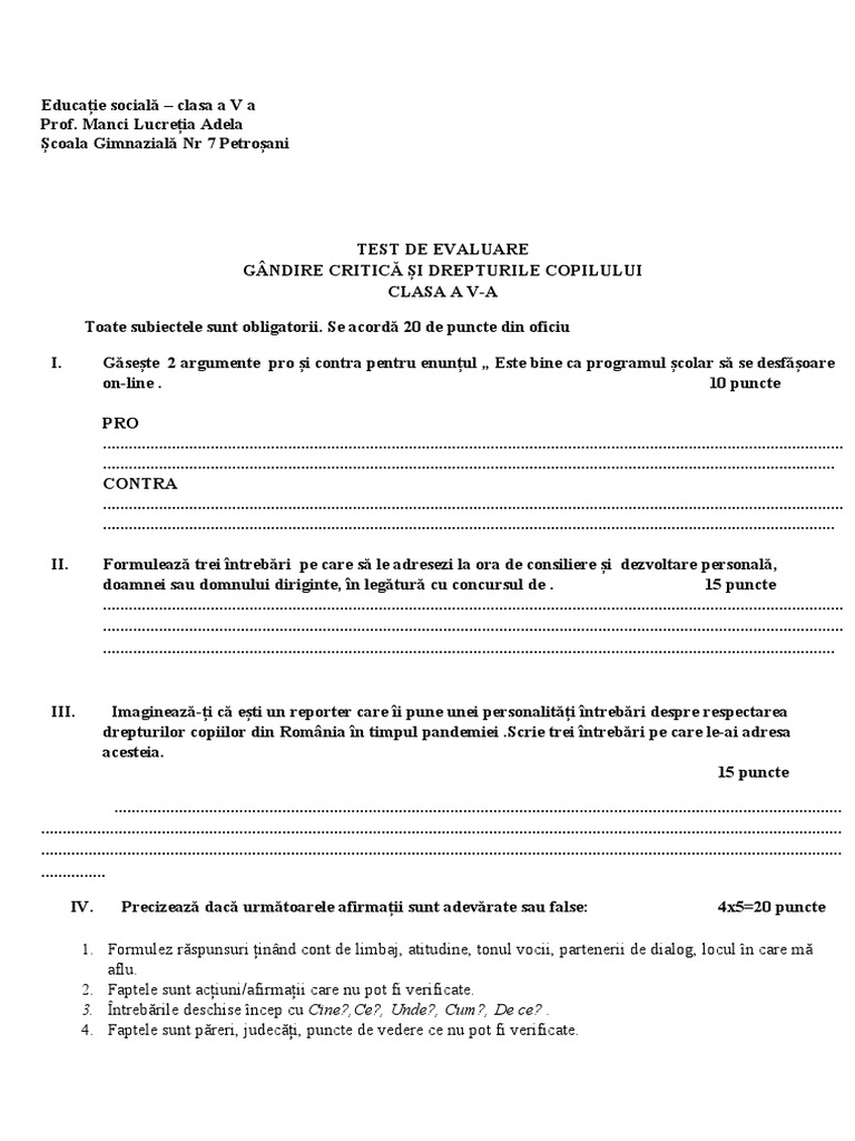 Clasa 5, Evaluare | PDF