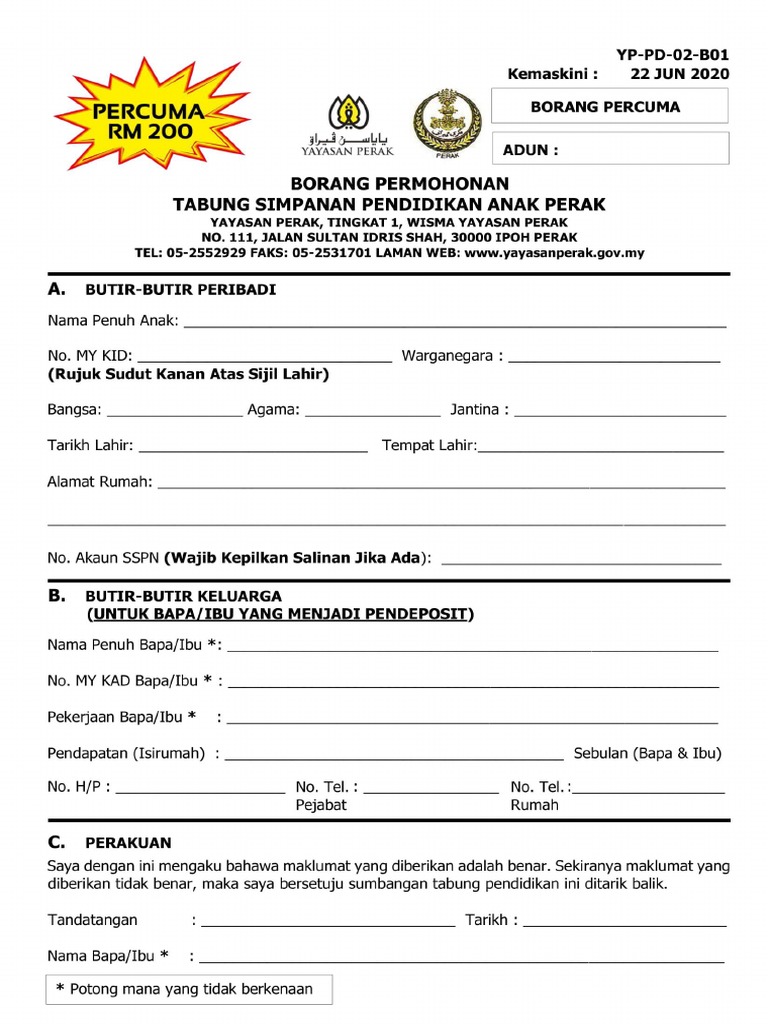 Borang Tabung Simpanan Pendidikan Anak Perak Dan SSPN - 22062020 | PDF