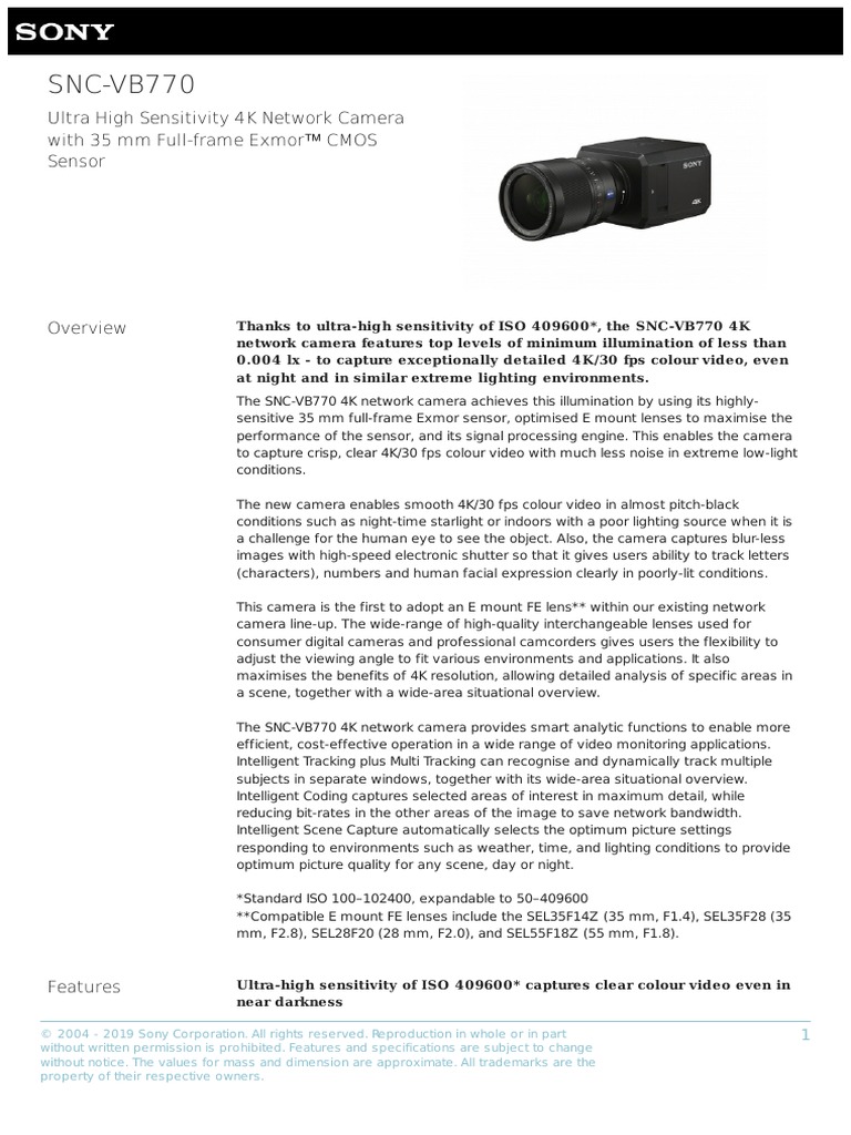SNC-VB770: Ultra High Sensitivity 4K Network Camera With 35 MM Full ...