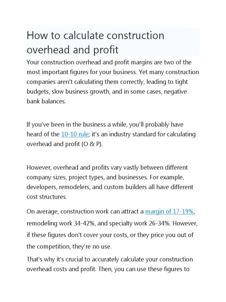 How To Calculate Construction Overhead and Profit | PDF | Cost ...
