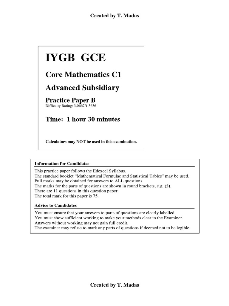 IYGB Paper B For C1 | PDF | Equations | Cartesian Coordinate System