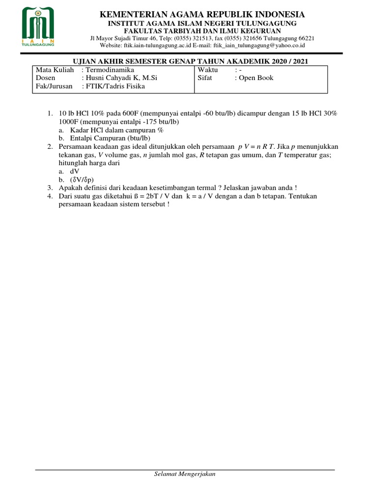 Soal Uas Termo | PDF