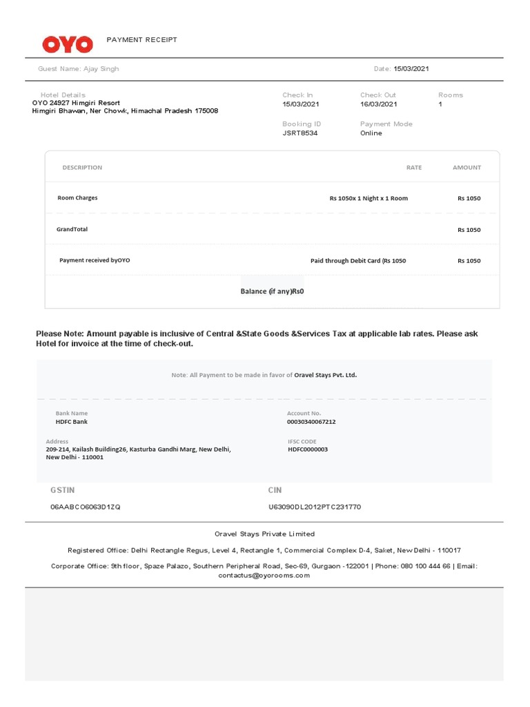 Payment Receipt Oyo - 15-03-2021 | PDF | Payments | Receipt