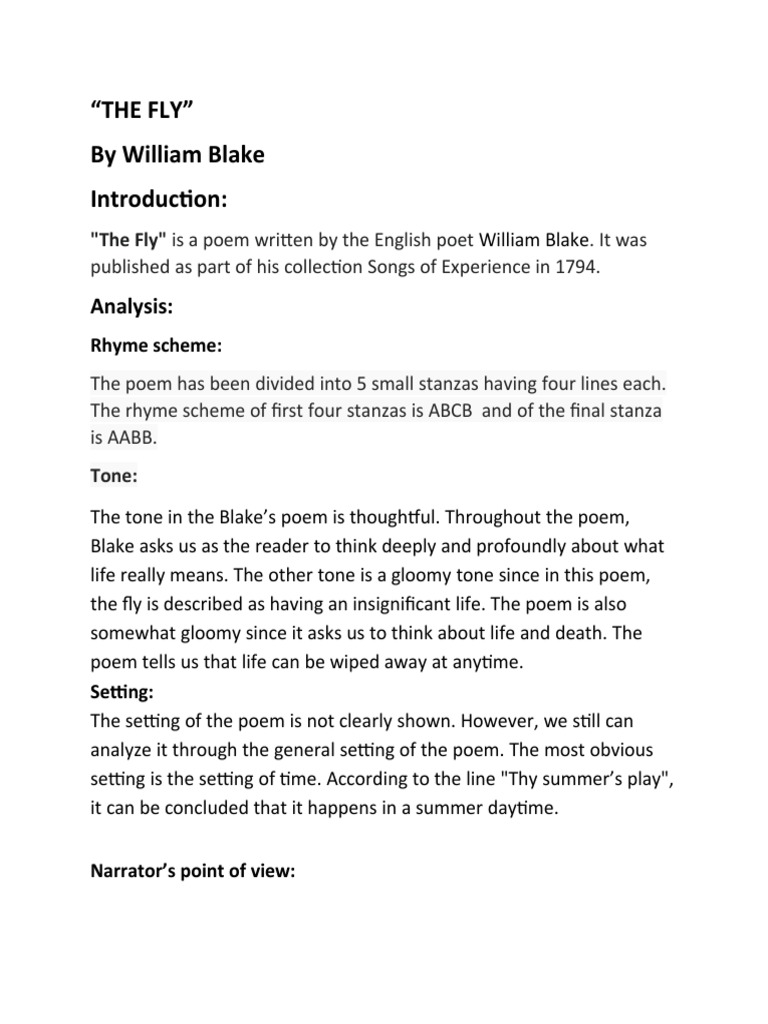 "The Fly" by William Blake: Analysis | PDF | William Blake | Poetry