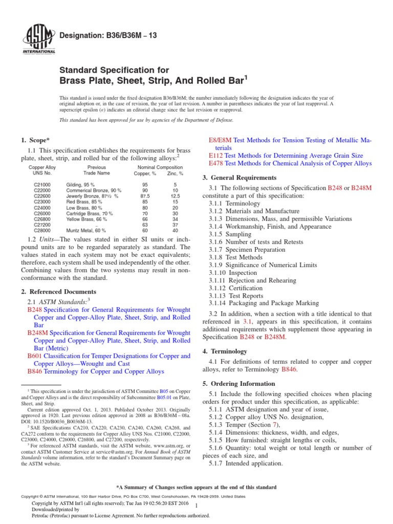 Brass Plate, Sheet, Strip, and Rolled Bar: Standard Specification For ...