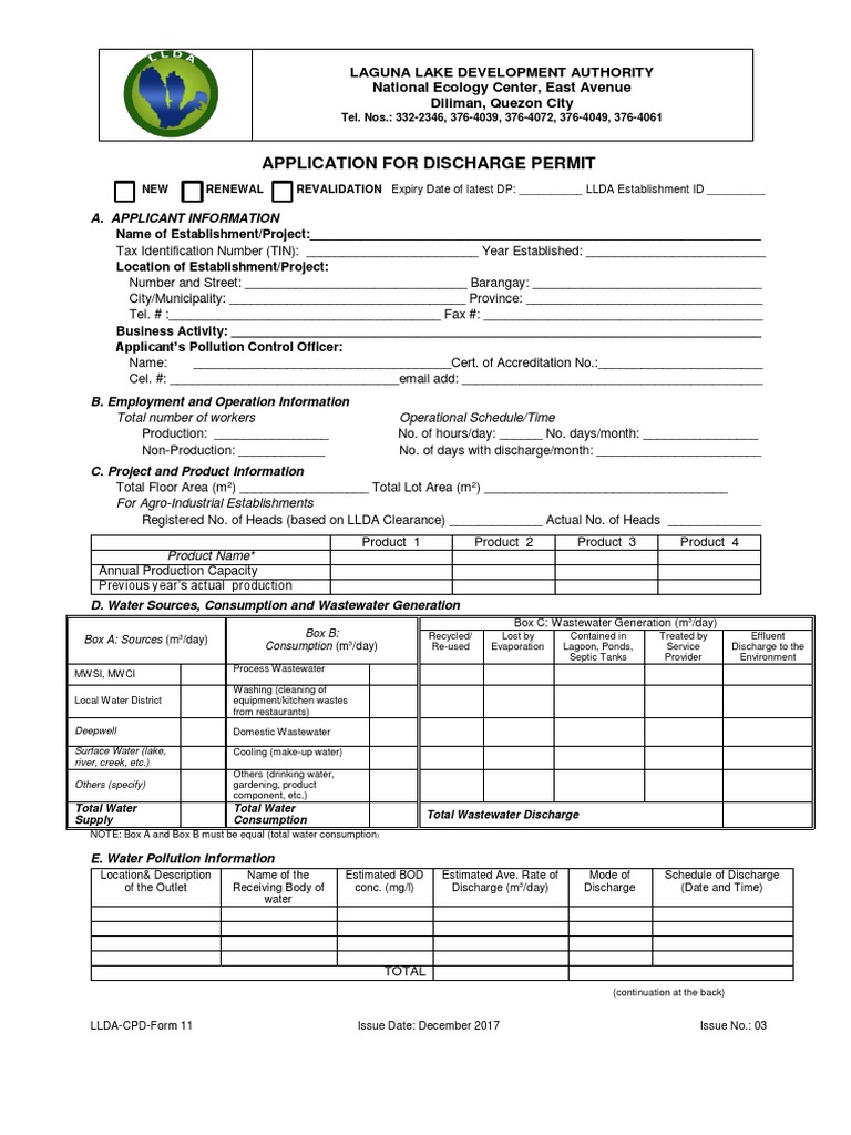 LLDA Discharge Permit Application Form | PDF | Sewage Treatment | Water ...