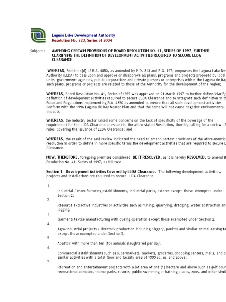 Laguna Lake Development Authority BR 223 | PDF | Waste | Water