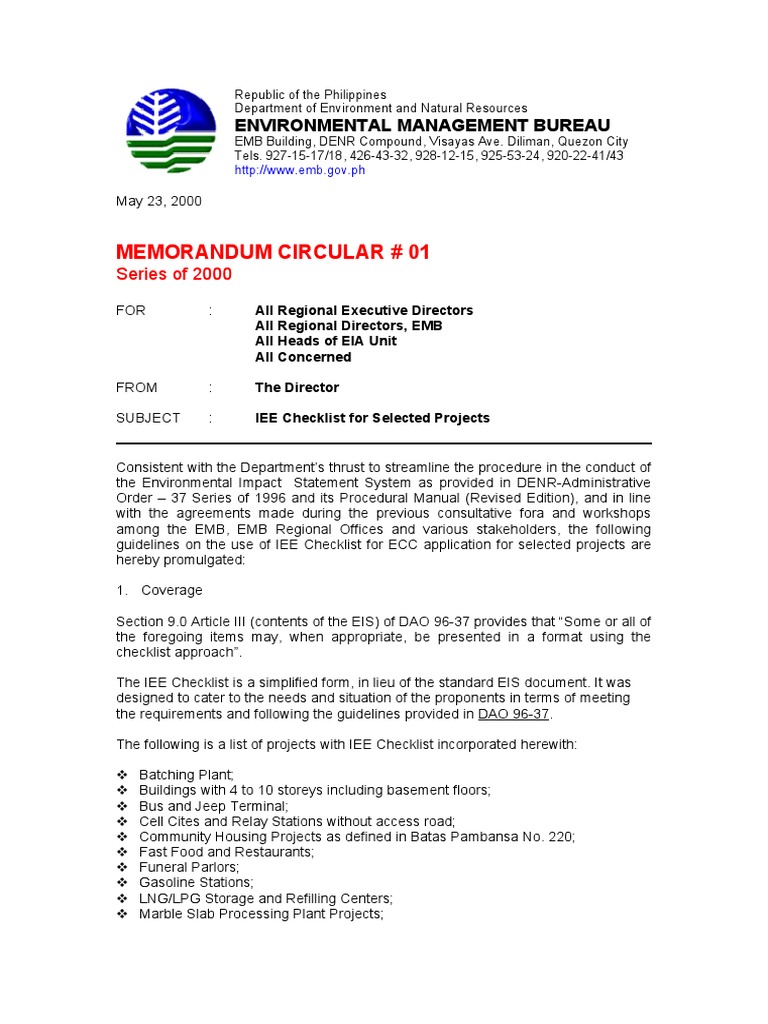 MC01-2000-IEE Checklist For Selected Projects | PDF | Environmental ...