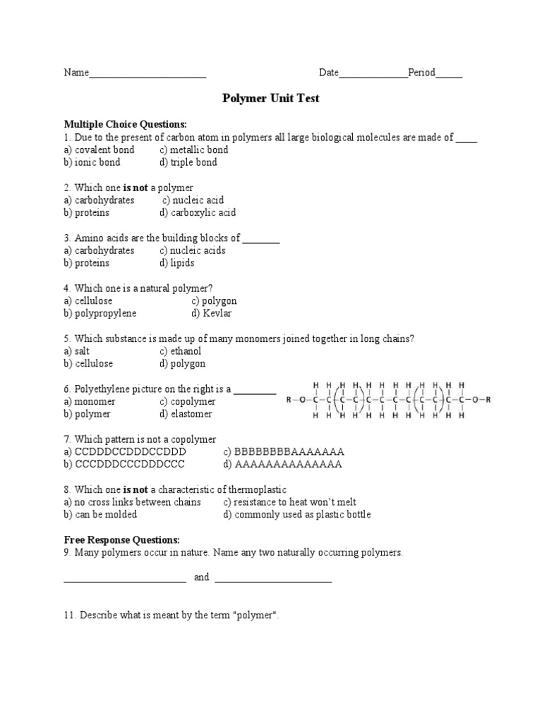 Polymer Unit Test and Answer Key | PDF | Polymers | Polyethylene